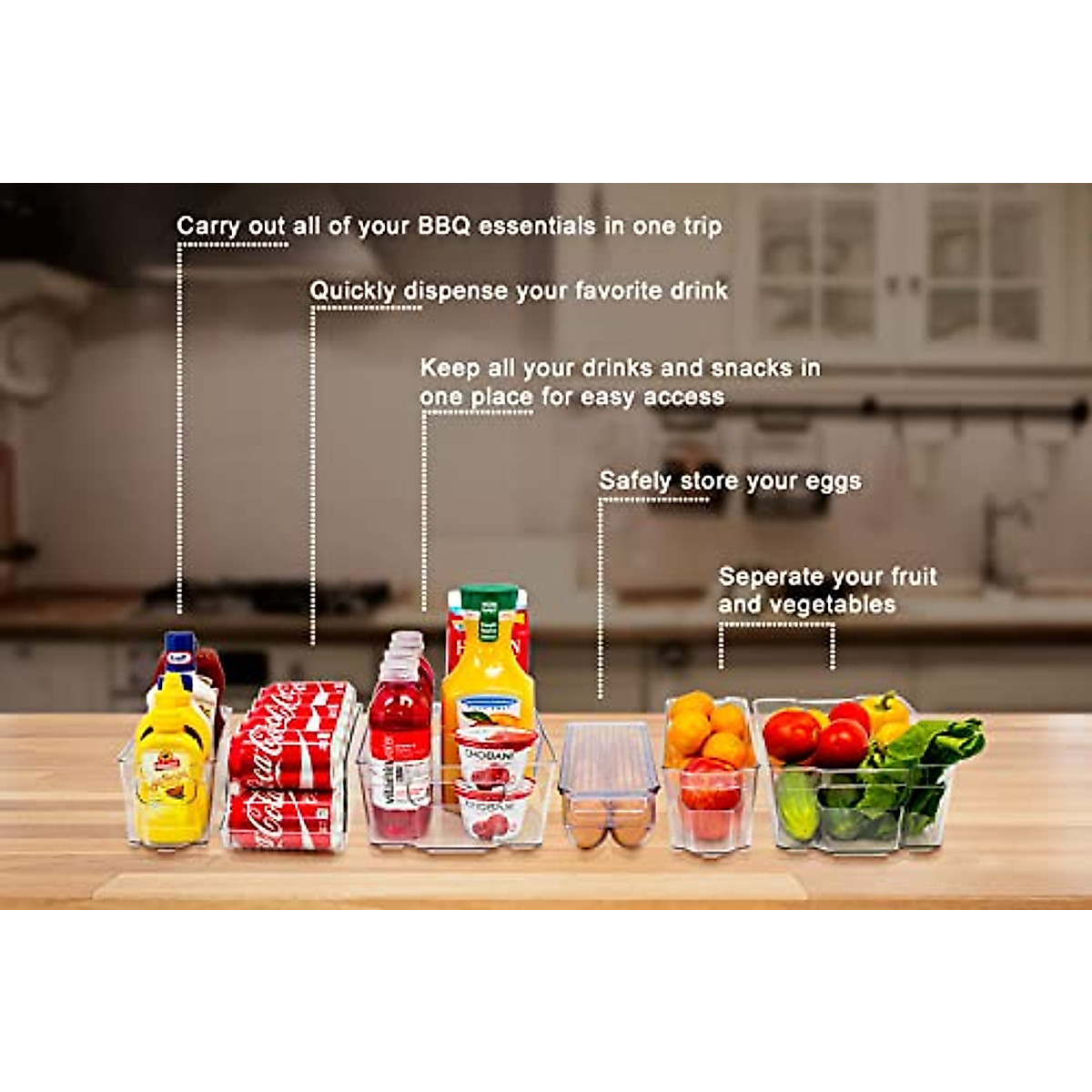 Sorbus Clear Fridge Organizer Bins & Curved Clear Rolling Bins Set - 6 Set with Egg Holder, Can Dispenser, and Varying Sizes - Curved 3 Piece Clear Storage Design with Handles, Dividers, and Wheels