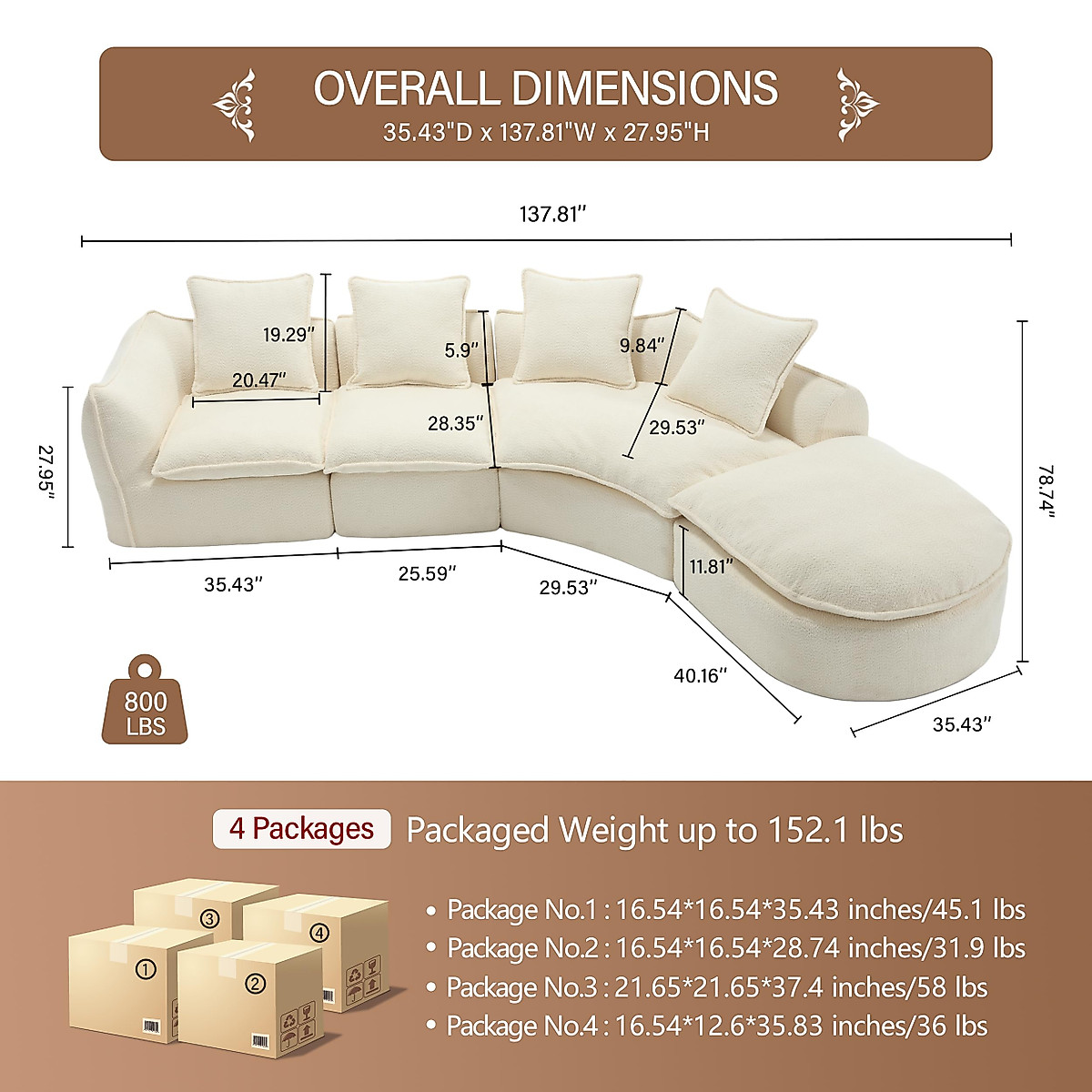 Haplized 137" Modular Sectional Couch,Comfy Upholstered Sectional Sofa,High Density Sponge Floor Sofa,5 Seater Cloud Sofa for Living Room,Bedroom,Apartment,Beige