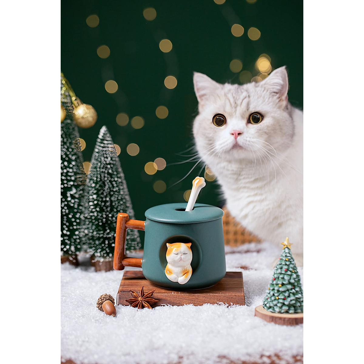 DIHOclub Adorable 3D Ceramic Cat Mug with Lid and Spoon - Perfect for Coffee, Tea, Milk, and More - Ideal Gift for Animal Lovers - 14 Ounces (Green)