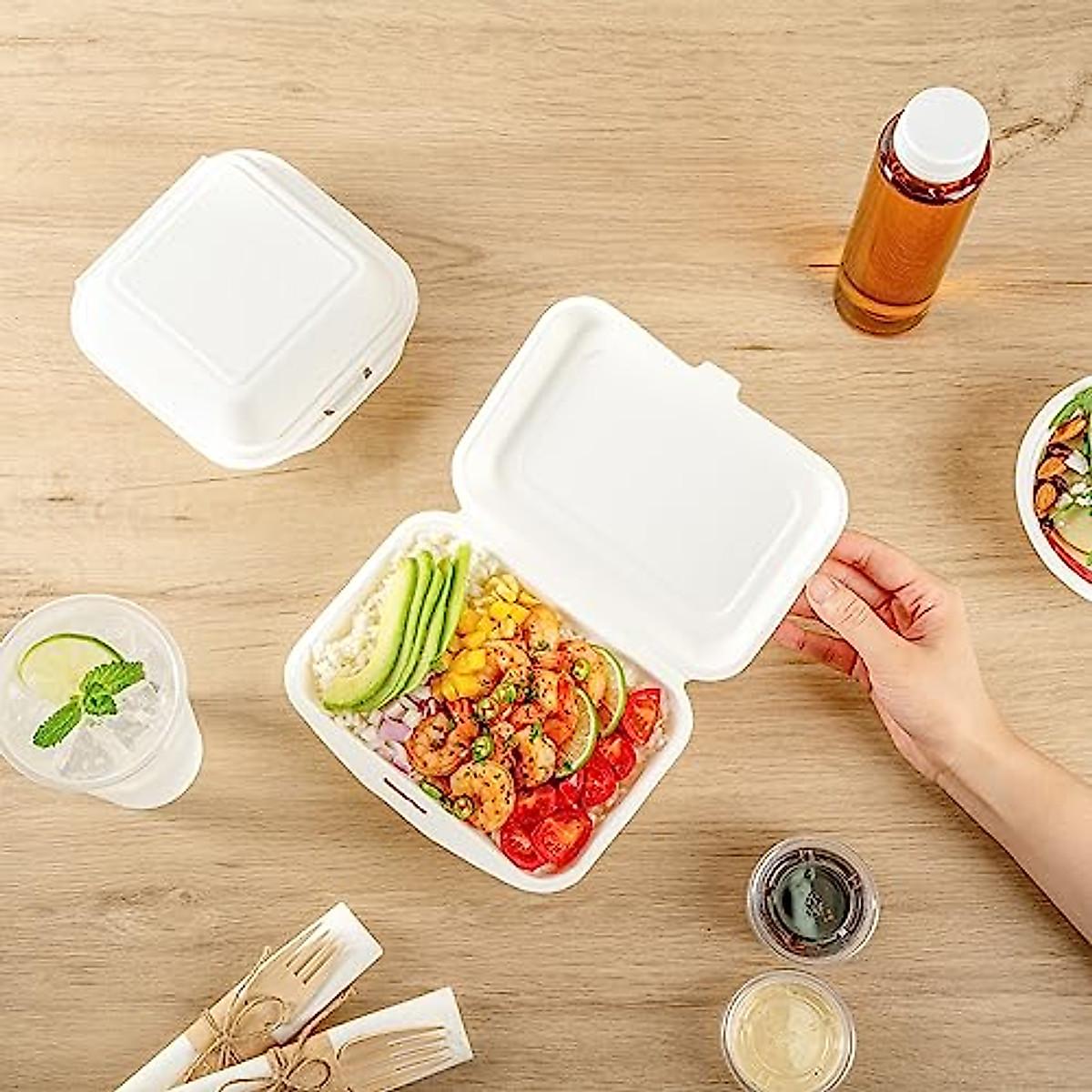Restaurantware Pulp Safe No PFAS Added 20 Ounce Clamshell Boxes 100 Disposable Containers - Home Compostable Microwavable And Freezable White Bagasse Containers Built-In Hinged Lid