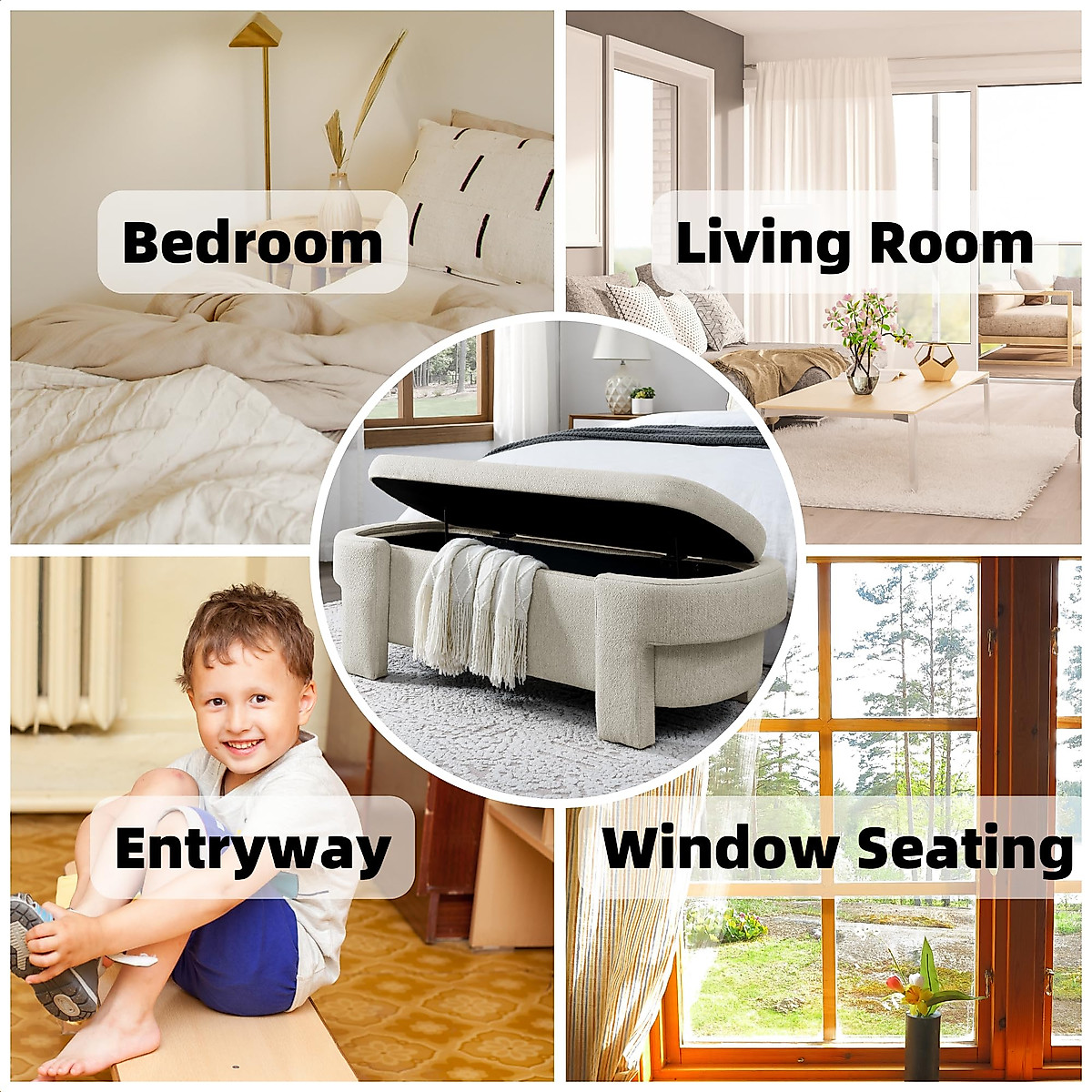 Wunlerlant 51.5" Oval Storage Bench End of Bed Storage Ottoman Benches Linen Fabric Upholstered Oversized Ottoman Bench with Large Storage Space for Living Room Entryway Bedroom Hallway Window Seating