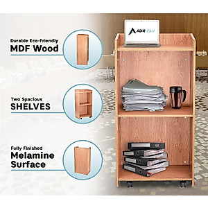 AdirOffice Podium with Wheels, Hostess Stand for Restaurant, Rolling Podium Stand, Medium Oak
