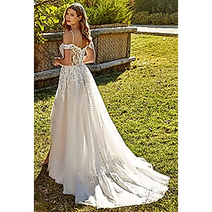 SEIM Plus Size Womens Lace Applique Bodice 2023 Wedding Dress with Slit White Long Empire Waist Off Shoulder Beach Wedding Dress with Slit for Bride 16W