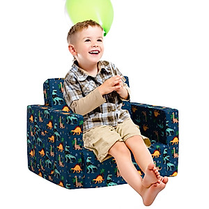 ALIMORDEN 2-in-1 Flip Out Comfy Toddler Couch, Lovely Kids Chair Convertible Sofa to Lounger for Story/Nap Time, Cool Dinosaurs