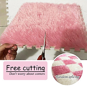 12 Pcs-12 Sq.ft. Non-Slip Square Interlocking Foam Tiles,Plush Puzzle Floor Mat,Area Rugs,Shaggy Bedside Carpet,Play Mat,12x12 Inch(Color:Apricot+Grey)