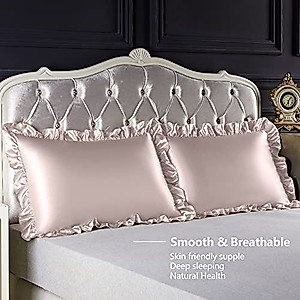 STONECREST Ruffle Satin Pillow Sham for Hair and Skin, Soft Silky Satin Pillow Cover with Envelop Closure Pillowcase Set of 2(20" x 30")(Petal Pink, Queen)