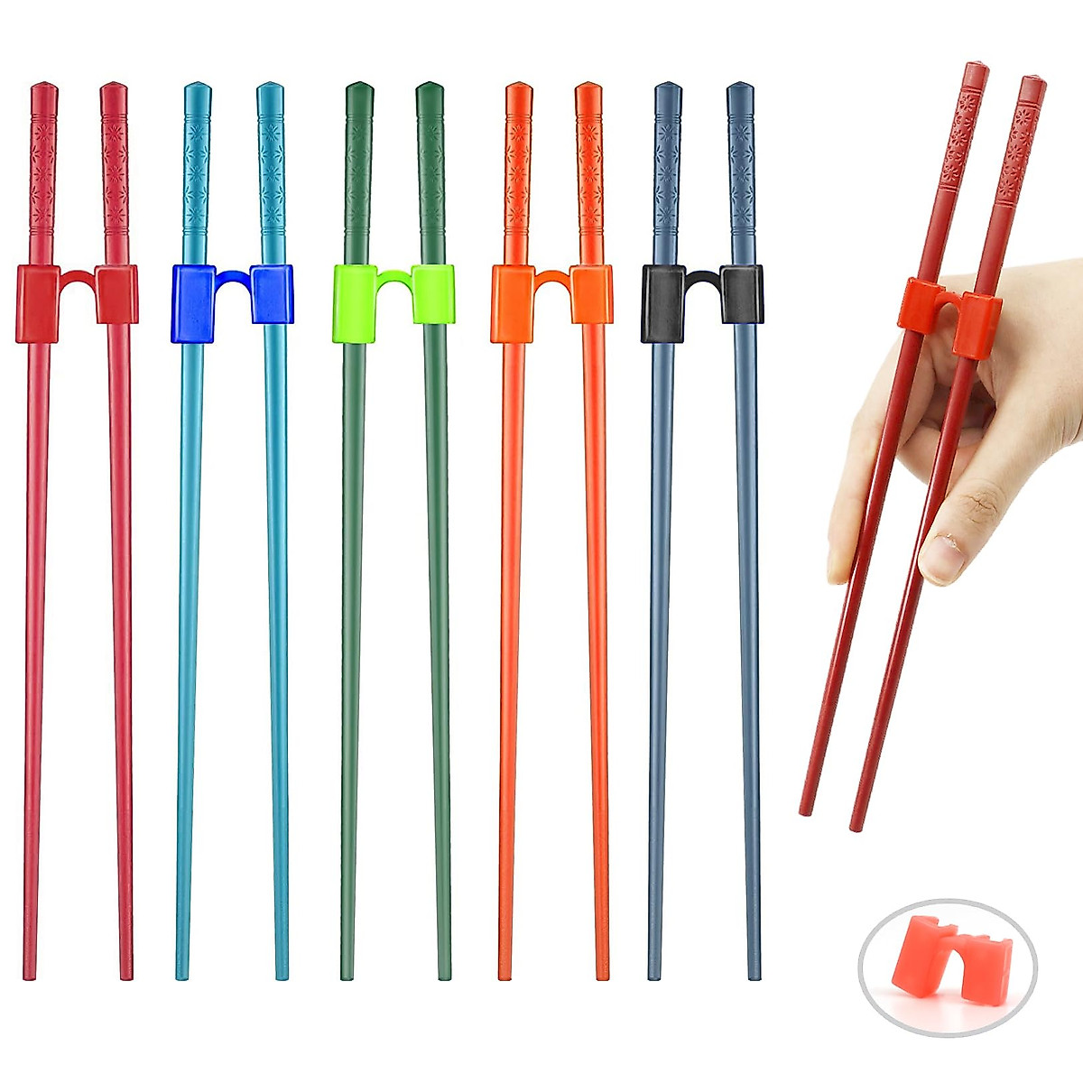 5 Pairs Chopsticks and Chopstick Helpers Set, Plastic Hinges Connector Training for Teens, Adults, Beginner, Trainers or Learner, Dishwasher Safe, Non-Slip Reusable and Replaceable (Cherry Blossom)