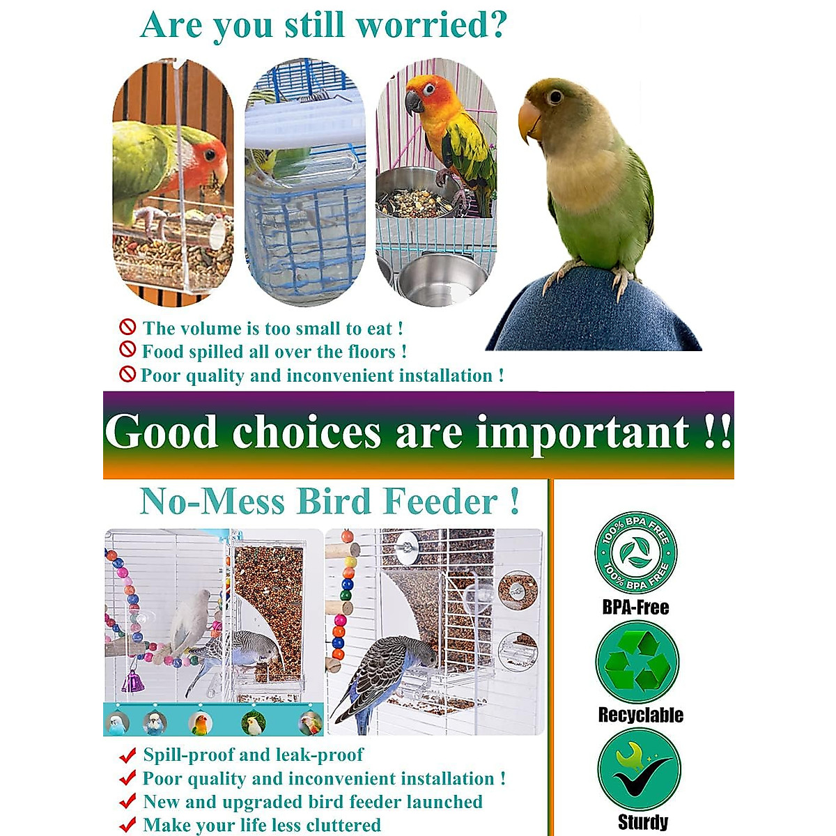 Kenond No Mess Bird Feeder Water Dispenser set, Automatic Parrot Feeder Cage Accessories, Clear Parakeet Seed container Food Feeder Drinker for Cage, Cockatiel Finch Lovebirds Budgies Canary (Blue)