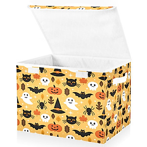 Storage Bins with Lids and Handles, Halloween Seamless Pattern Design with Ghost Skull Pumpkin and Cat Storage Box Storage Basket with Cover Collapsible Organizer Containers for Home