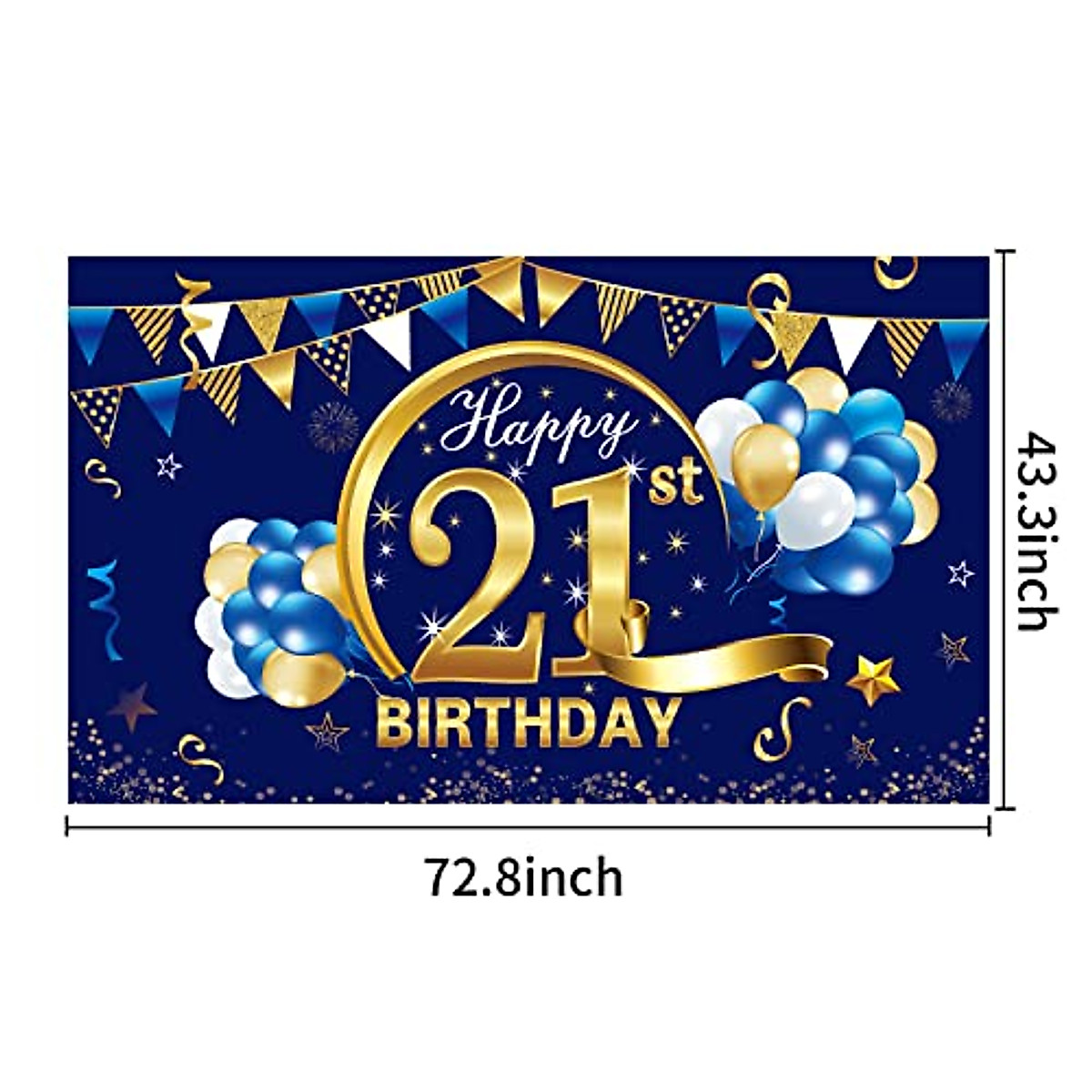 Happy 21st Birthday Banner Decorations for Boy, Blue Gold 21 Birthday Backdrop Party Supplies, 21 Year Old Birthday Photo Background Sign Decor