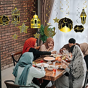 36 Pieces Ramadan Mubarak Decorations Eid Mubarak Ceiling Foil Swirls Kareem Theme Decor Islamic Ceiling Decorations Foil Party Danglers Streamers for Party Decorations