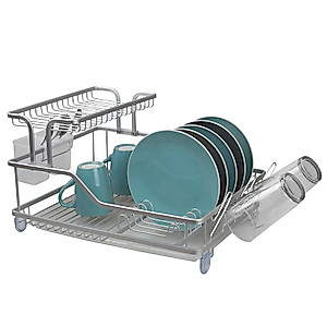 Home Basics 2-Tier Aluminum Dish Drying Storage Rack with Utensil Holder, Cup Holder & Draining Tray for Kitchen Countertop Sink