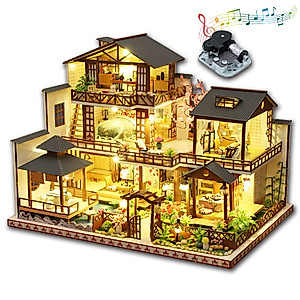 Yuzhen DIY Miniature Dollhouse Kit with Furniture and LED Lights, Japanese Wooden Dollhouse Includes Dustcover and Music Box, Collectibles for Hobbies