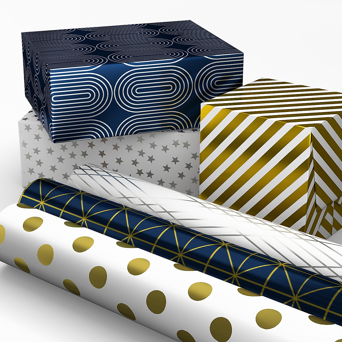 Hallmark Bulk Wrapping Paper Rolls for Birthday, Wedding, Graduation – Blue Metallic Gift Wrap Paper (Set of 6 Rolls: 180 Square Feet Total) Silver Stars, Gold Dots, Stripes, Navy