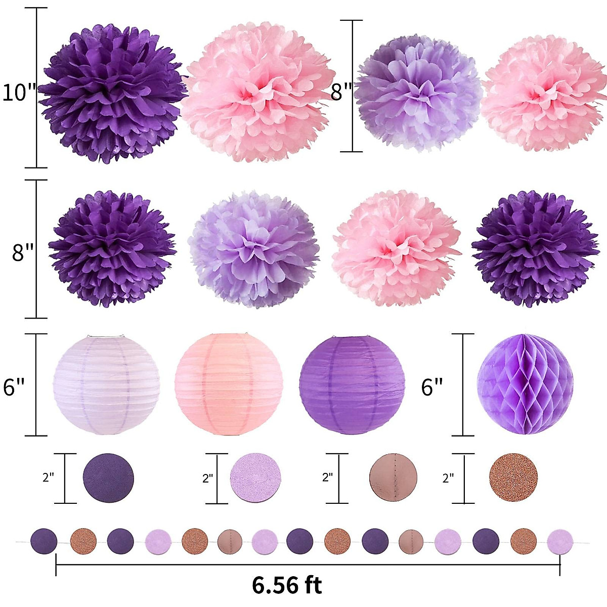 29 PCS Pink and Purple Party Decorations Set, Tissue Paper Pom Poms Paper Lanterns Honeycomb Balls Circle Dots Garland Butterfly Hanging Swirl Butterfly Decorations for Bridal Showers