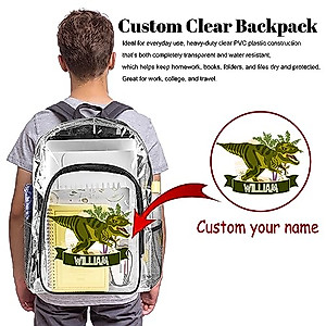 J&SBGFT Personalized Clear Backpack for Boys,Custom Dinosaur Clear Backpacks with Name,Transparent Backpack with Reinforced Strap,See Through Book Bag,Waterproof Heavy Clear Book Bag for School
