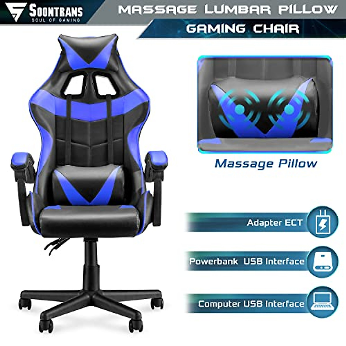 Soontrans Blue Gaming Chairs with Massage,Ergonomic Computer Gamer Chair,Game Chair with Adjustable Headrest and Lumbar Support (Storm Blue)