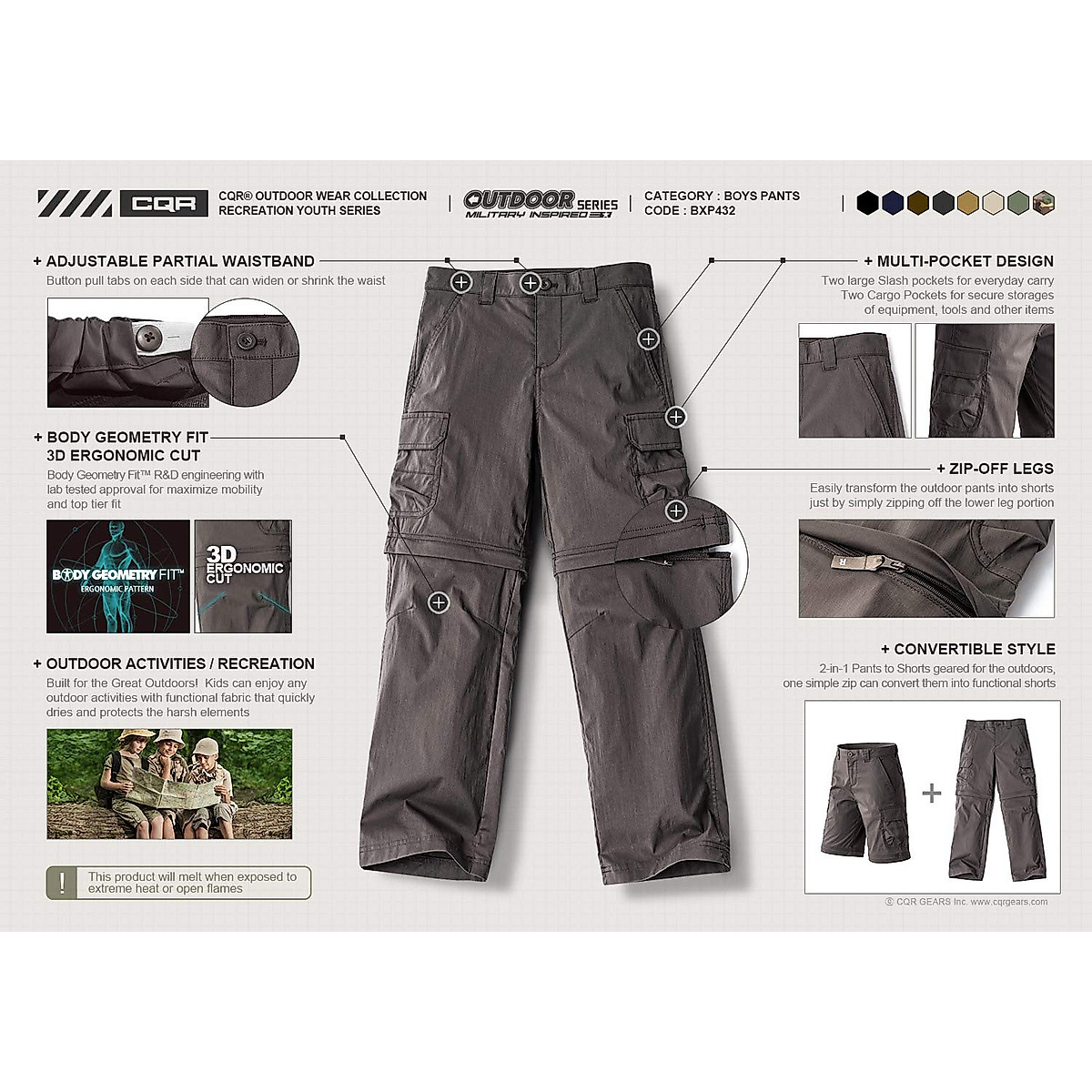 CQR Kids Youth Hiking Cargo Pants, UPF 50+ Quick Dry Convertible Zip Off Pants, Outdoor Camping Pants, Boy Convertible Olive, X-Small