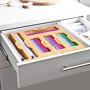 Bamboo Ziplock Bag Organizer - Foil and Plastic Wrap organizer with cutter - Holds up to 12” rolls - Baggie Organizer for Gallon, Quart, Sandwich, Snack Bags - Kitchen Organization - Drawer organizer