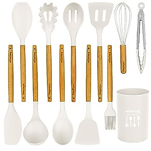 Veluebay Cooking Utensils Set, 12 Pcs Kitchen Utensils Set Silicone, Silicone Spatula For Cooking, Wooden Cooking Utensils, Silicone Utensils For Cooking, Kitchen Cooking Utensils Set (white)