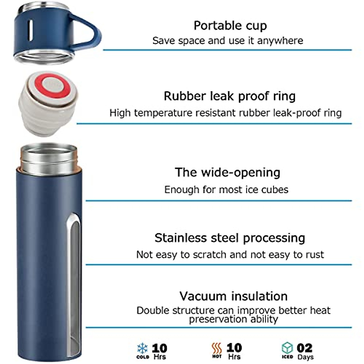 Coffee Thermos Stainless Steel Vacuum-Insulated Water Bottle, 500ml/16.9oz Insulated Bottle with Cup for Hot & Cold Drink Travel Mug (Blue, Three Cup)