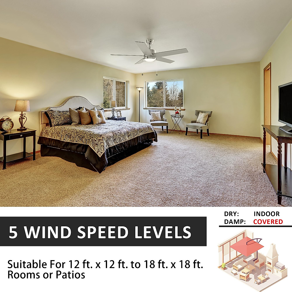 52” Ceiling Fans with Lights, 5 Speeds Reversible DC Modern Ceiling Fan with Pull Chain, 3 Light Colors Dimmable Outdoor Ceiling Fan, Sliver