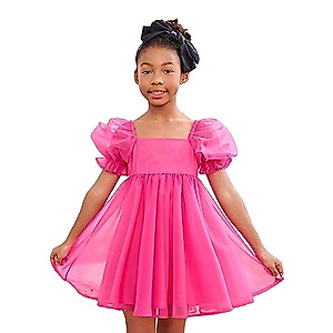 Verdusa Girl's Puff Short Sleeve Square Neck Mesh Short A Line Swing Dress Hot Pink 10Y