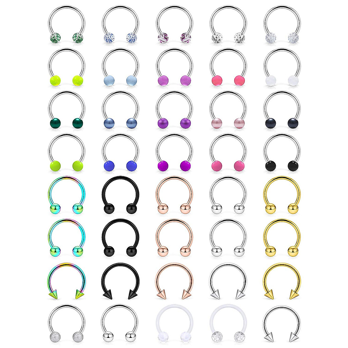 Ftovosyo 40Pcs 16G Surgical Steel Nose Septum Rings Piercing Jewelry Horseshoe Cartilage Helix Tragus Earring Hoop Eyebrow Lip Hoop Retainer for Women Men 10mm 3/8 Inch Silver Black