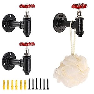 Sumnacon 3Pcs Industrial Pipe Robe Towel Rack Hooks - Sturdy Rustic Iron Clothes Coat Hanger Holders with Screws, Vintage Pipe Wall Mount Rack Hooks for Bathroom Living Room Kitchen Home, T Type