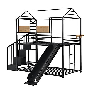 Twin Over Twin Low Bunk Bed with Slide and Stairs House Bunk Bed Metal Frame with Storage Shelves for Kids Boys Girls Teens, Black