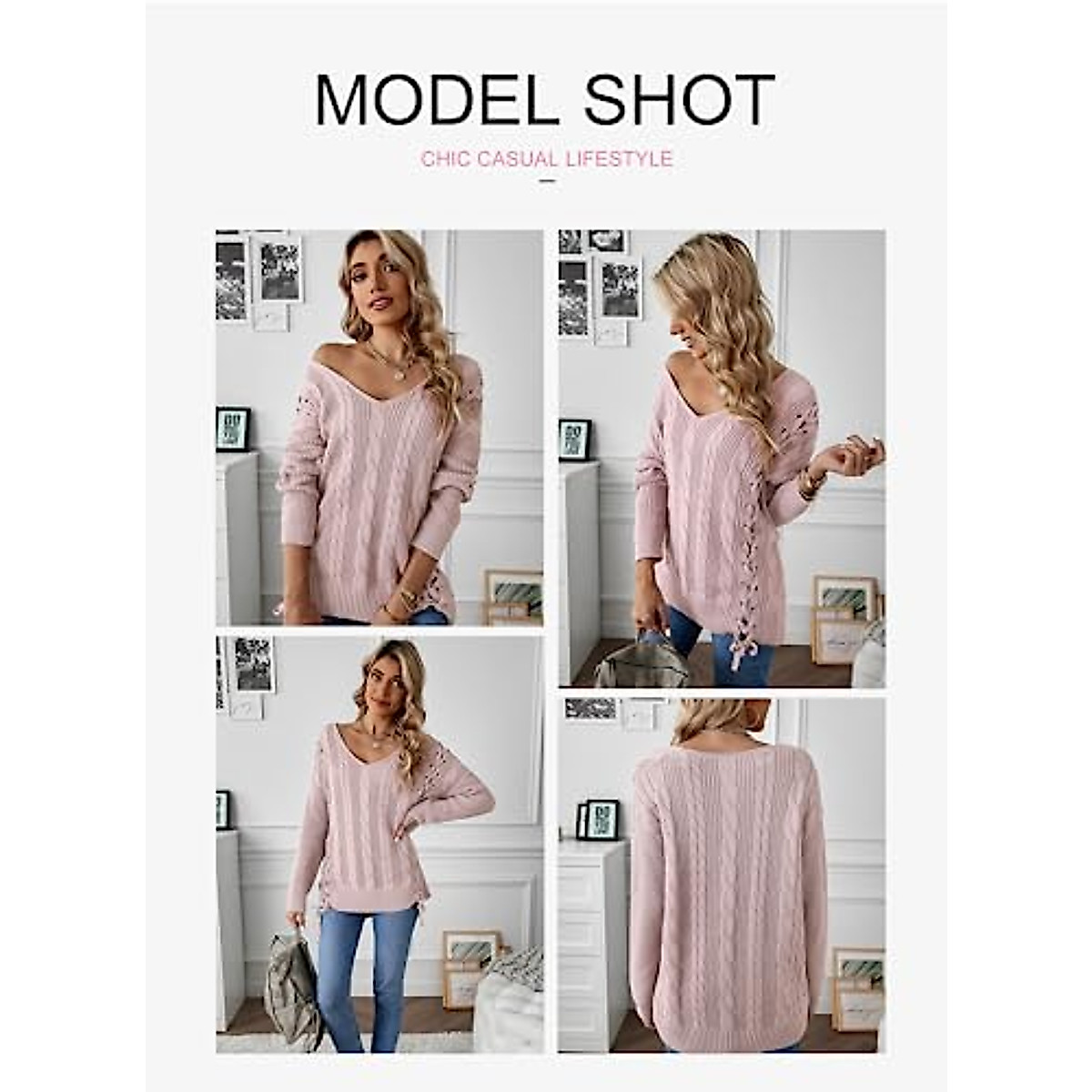 EVALESS Womens Fall Sweater 2023 Fashion Oversized Off The Shoulder Cable Knit V Neck Chunky Pullover Casual Solid Color Winter Long Sleeve Clothes Tops,Pink S