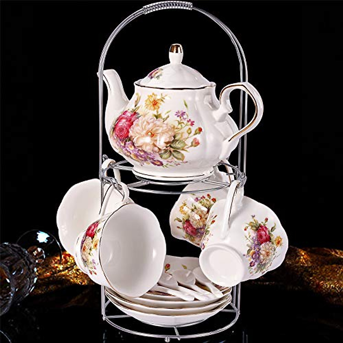 14 Piece European Ceramic Tea Set Coffee set Porcelain Tea SetWith Metal Holder,flower tea set Red Rose Painting,160ML/Cup,460ML/Pot (Red)