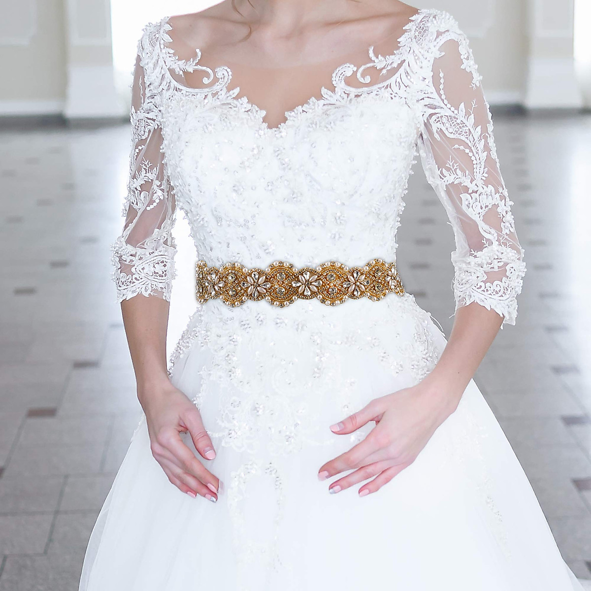 yanstar Wedding Bridal Belts In Gold Rhinestone Crystal Pearl With Ivory Sash For Wedding Dress Prom Gown-17.7In1.6