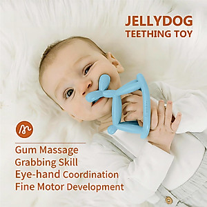 Miraloop Teething Toy for Baby 0-6, 12, 18 Months Infant, Jellydog Never Drop Food Grade Silicone Rocking Teether, Prevent Choking & Odorless, Less Dust and Hair Adhesion, Baby Gift, Milk White