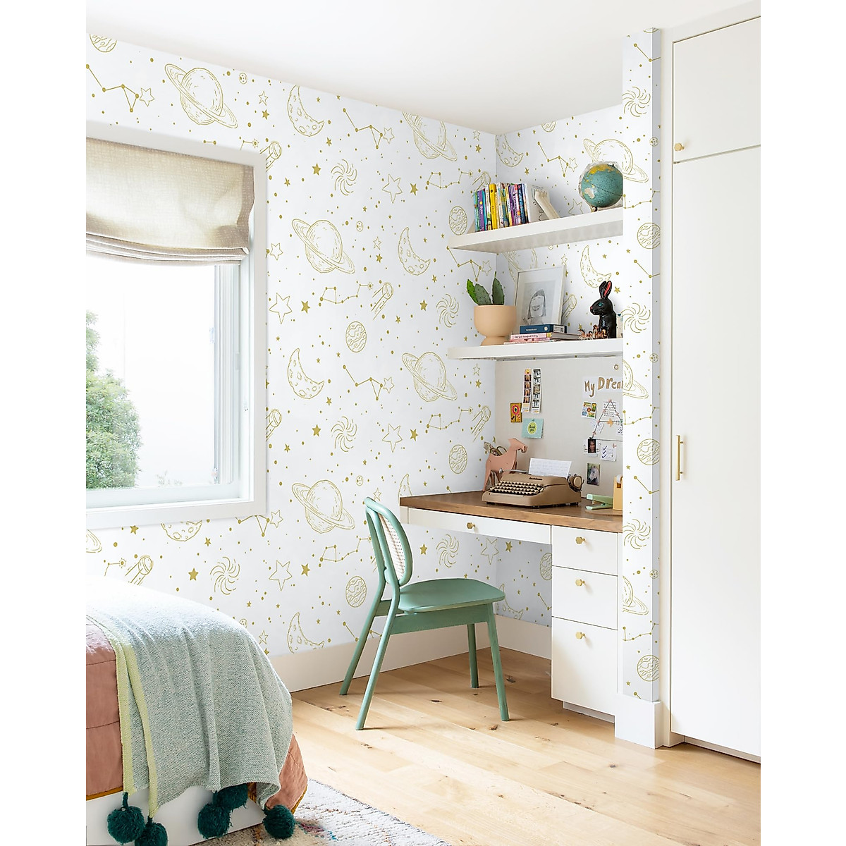 Feisoon Gold Star Wallpaper White Peel and Stick Wallpaper Kid's Bedroom Wallpaper White Moon Wallpaper 16.14"x78.7" Waterproof Contact Paper Self Adhesive Wallpaper Removable Contact Paper Vinyl Roll