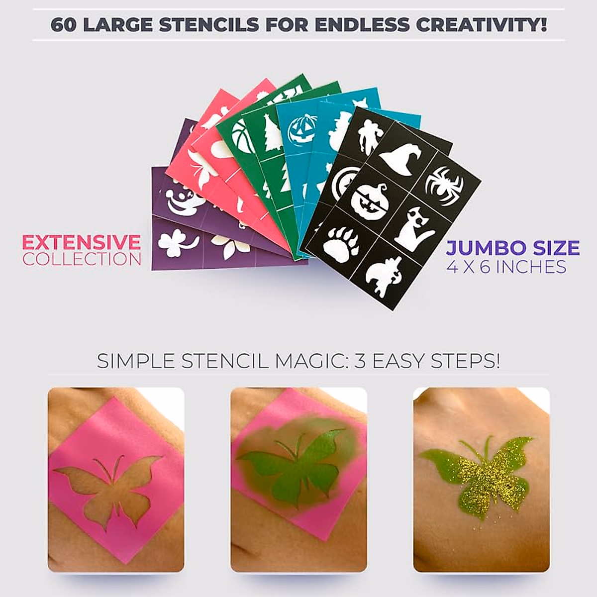 Zenovika Face Paint Kit for Kids - 60 Jumbo Stencils, 15 Large Water Based Paints, 2 Glitters - Halloween Makeup Kit, Professional Face Paint Palette, Safe for Sensitive Skin, Face Painting Book