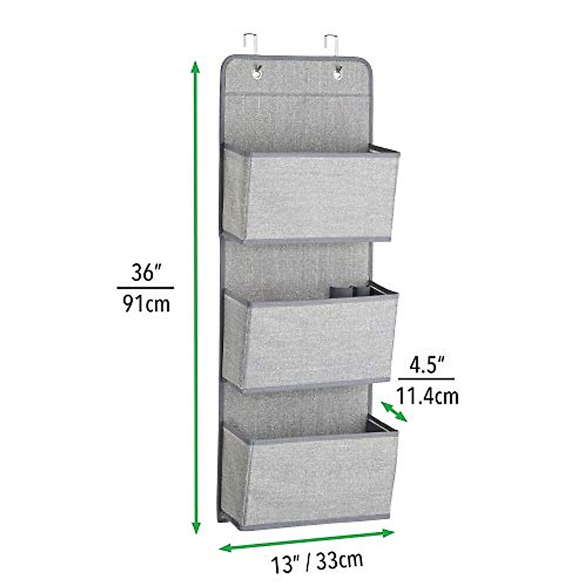 mDesign Fabric Baby Nursery Hanging Organizers for Over the Door Storage for Kids - 3 Pocket Organizer Caddy with Hooks for Clothing, School, Diaper, Toy, Outfits - Lido Collection - Textured - Gray