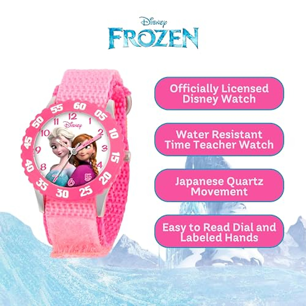Disney Frozen Analog Watch, Time Teacher for Kids and Toddlers, Pink Bezel & Nylon Strap Watch