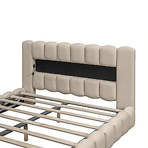 HAUSHECK Upholstered Bed Frame Queen Size with Large Underneath Storage, LED Headboard and USB Ports, Queen Floor Bed Frame w/Wooden Slats Support, Modern Platform Bed No Box Spring Needed