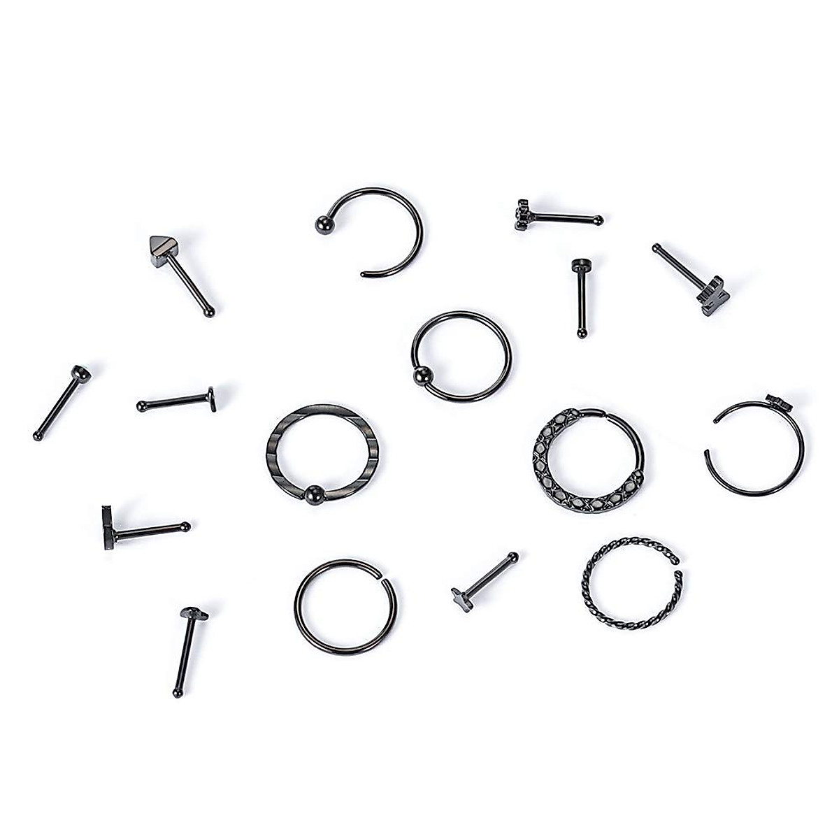WASOLIE 16 PCS Nose Rings for Women 316L Stainless Steel Nose Piercings Jewelry Black Screw Men Nose Studs Rings.