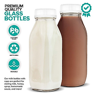 Stock Your Home 12 oz Glass Juice Bottles With Caps (6 Pack) - Reusable Glass Bottles with 10 Tamper Proof Snap-On Caps - Food Grade Glass Bottles - Juice Containers with Lids for Cold Beverages