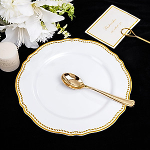 Hioasis 60pcs Gold Plastic Plates - White and Gold Trim Disposable Plates - 10.25 inch Gold Disposable Dinner Plates Perfect for Wedding & Party
