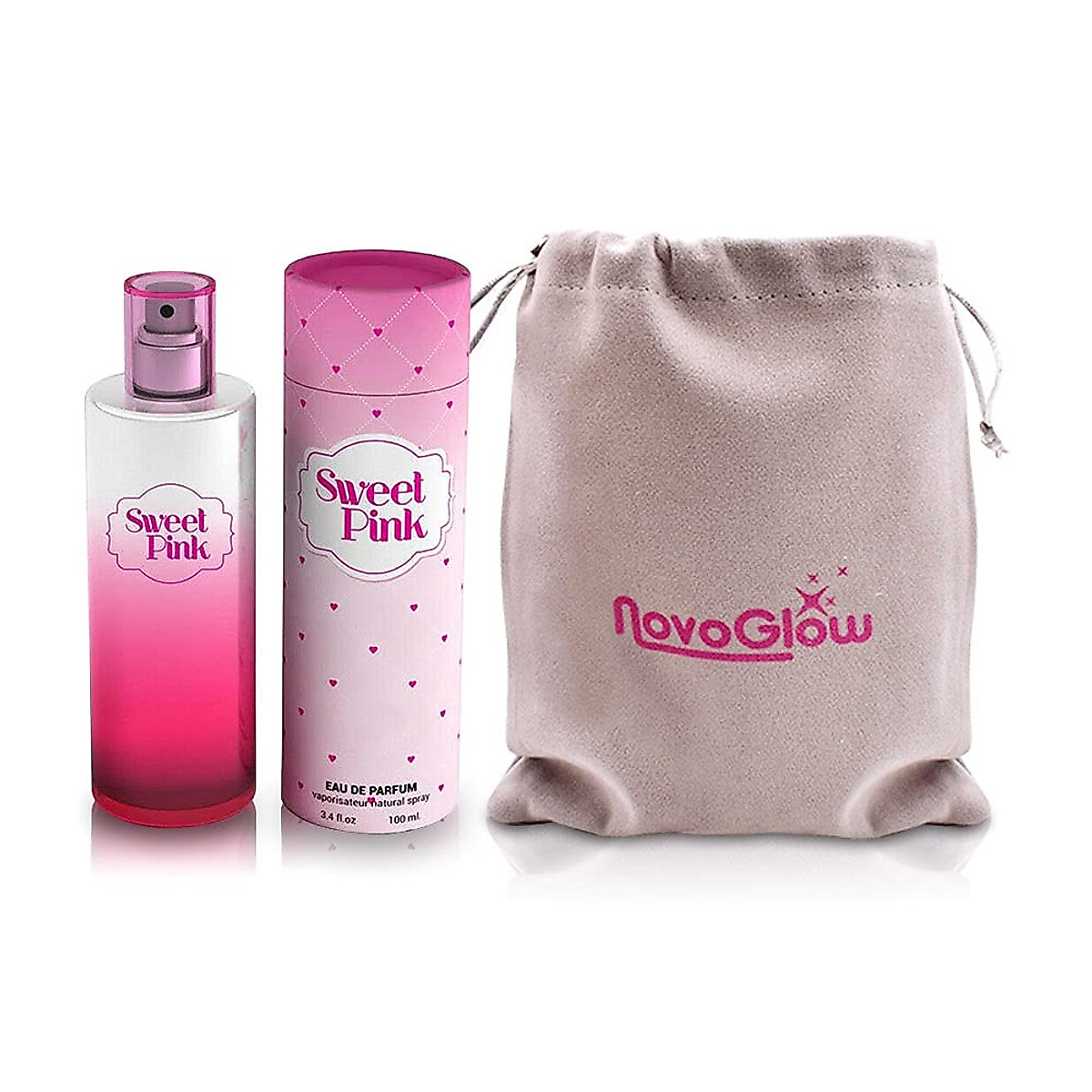 NovoGlow Sweet Pink -Eau de Parfum Spray Perfume, Fragrance For Women - Daywear, Casual Daily Cologne Set with Deluxe Suede Pouch- 3.4 Oz Bottle- Ideal EDP Beauty Gift for Birthday, Anniversary