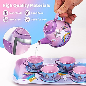 55Pcs Tea Party Set for Little Girls, Princess Tea Party Set, Unicorn Kid Tin Tea Set,Kids Kitchen Pretend Toy, Toddler Tea Party Sets for Girls 3-5, Girls Tea Party Set Gift for 4 + Year Old Girl