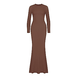 REORIA Women's Sexy Casual Crew Neck Lounge Slimming Long Dress Elegant Wedding Guest Long Sleeve Ribbed Bodycon Maxi Dresses Coffee Small