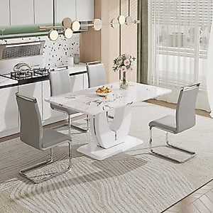 Pvillez White Dining Table Set for 6,Faux Marble Kitchen Table Set,63" Dining Room Table Set with Chairs,Modern Dinner Table Set with Marble Grain Top,7 Piece Dining Table Set