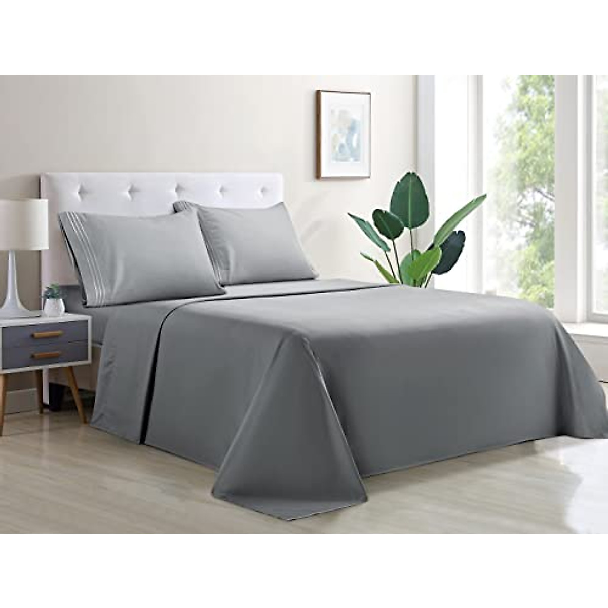 wavveUziz Bed Sheet Set Super Soft 100% Microfiber Sheet 1800 Brushed Microfiber Embroidered Queen Size Bed Sheets 16-Inch Deep Pocket - 4 Piece, Gray