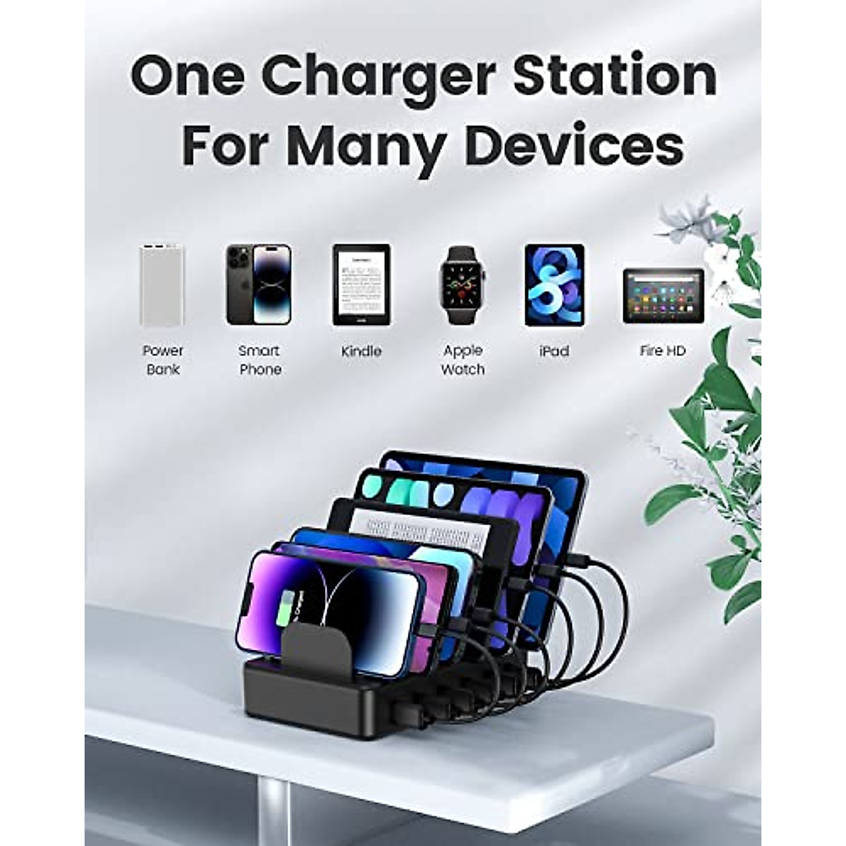 CREATIVE DESIGN Charging Station, 50W 6 Ports Multi Charger Station with 6 Charging Cables, Charging Dock for Multiple Devices, Compatible with Cellphone iPad Kindle Tablet and Other Electronic