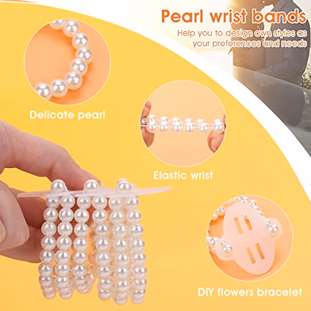 Sibba 8 Pieces Elastic Pearl Wrist Bands Lace Corsage Bracelet Wrist Corsage Bands Wedding Corsages Wristlets DIY Wrist Corsages Accessories for Wedding Festival Beach Party
