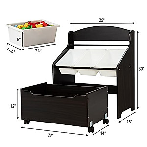 Kids Toy Storage Organizer, -3 Removable Plastic Bins,Wooden Rolling Toy Box and Plastic Bins in Bedroom Study Room Playrooms Nursery for Infants Baby Young Children (black)